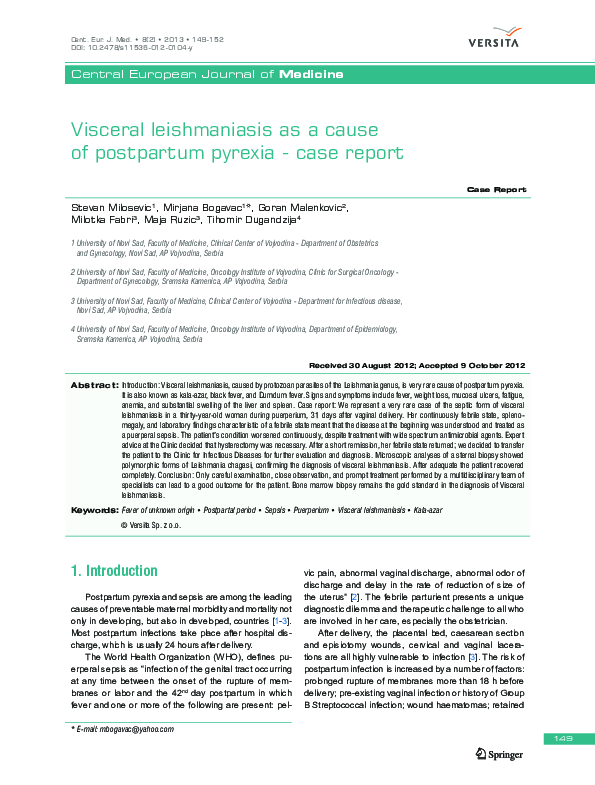 (PDF) Visceral leishmaniasis as a cause of postpartum pyrexia — case report