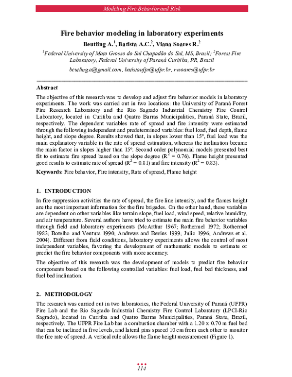 (PDF) Fire behavior modeling in laboratory experiments