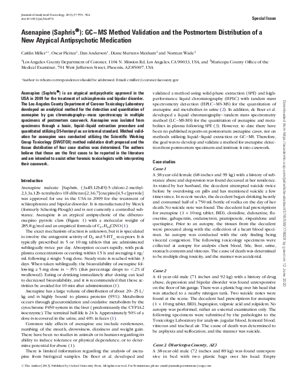(PDF) Asenapine (Saphris(R)): GC-MS Method Validation and the ...
