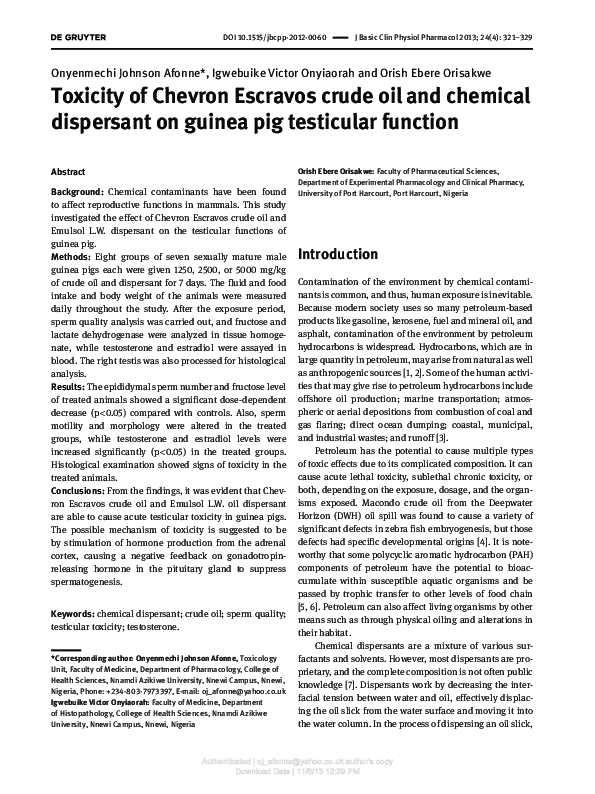 (PDF) Toxicity of Chevron Escravos crude oil and chemical dispersant on ...