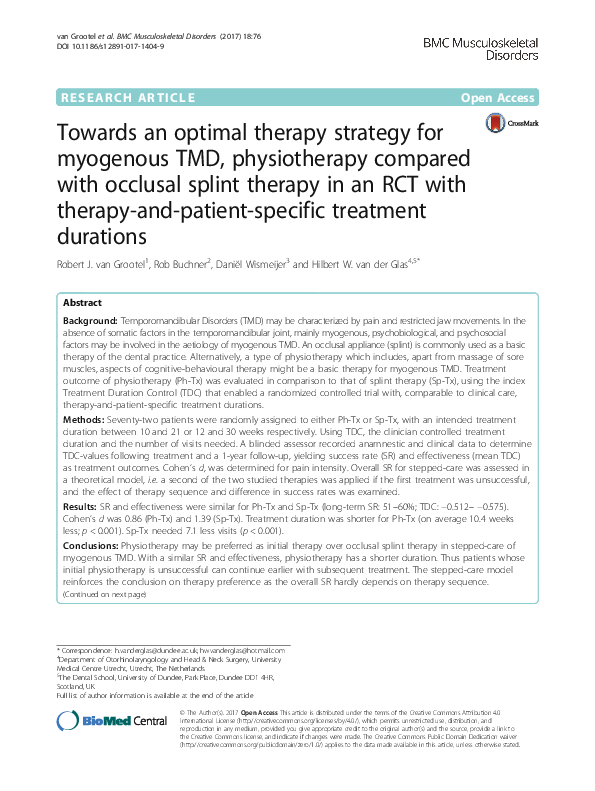 Towards an optimal therapy strategy for myogenous TMD, physiotherapy ...