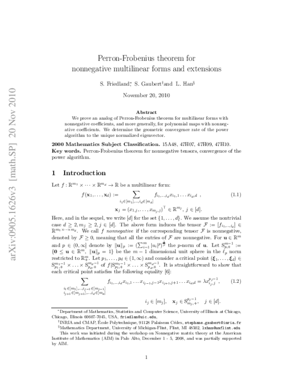 (PDF) Perron–Frobenius theorem for nonnegative multilinear forms and extensions