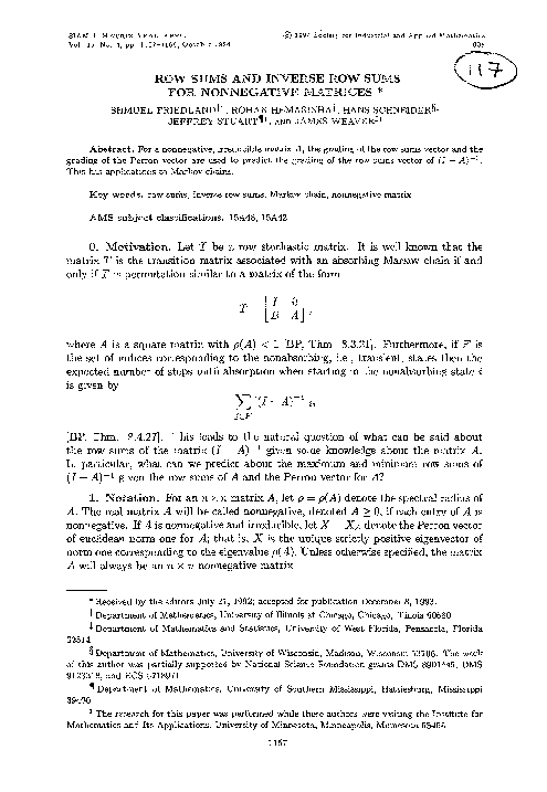 Pdf Row Sums And Inverse Row Sums For Nonnegative Matrices