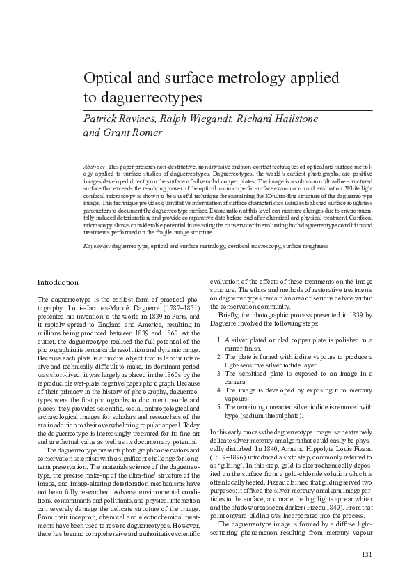 (PDF) Optical and surface metrology applied to daguerreotypes