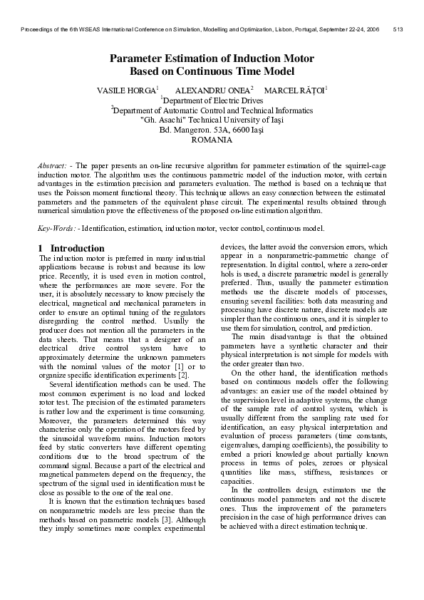 Pdf Parameter Estimation Of Induction Motor Based On Continuous Time Model