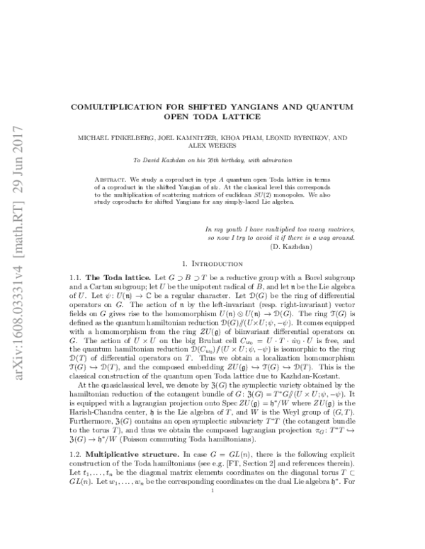 (PDF) Comultiplication for shifted Yangians and quantum open Toda lattice