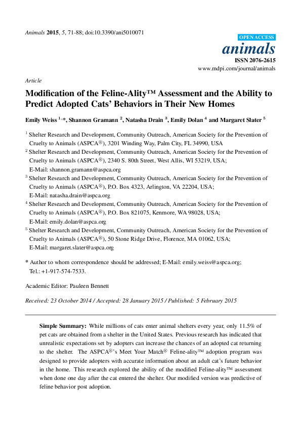 (PDF) Modification of the Feline-Ality™ Assessment and the Ability to ...