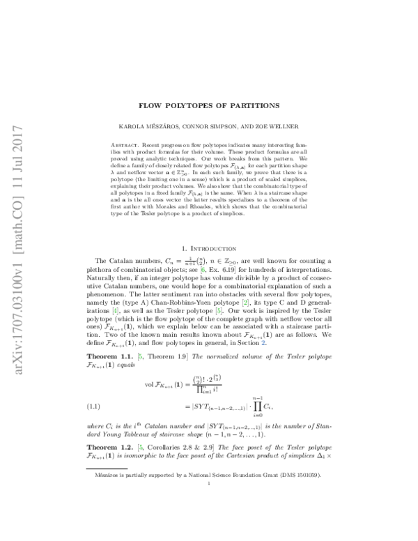 (PDF) Flow Polytopes of Partitions