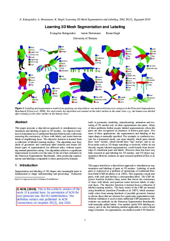 (PDF) Learning 3D mesh segmentation and labeling | Karan Singh - Academia.edu