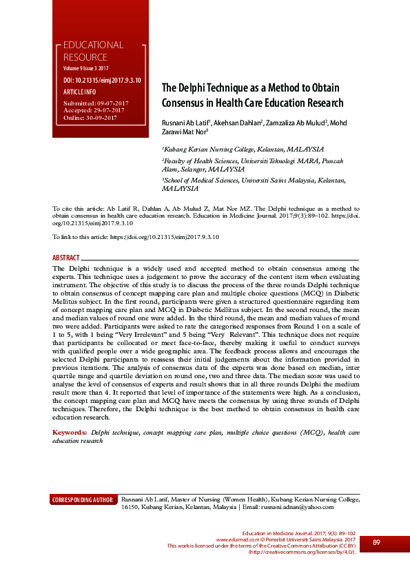 (PDF) The Delphi Technique as a Method to Obtain Consensus in Health Care Education Research