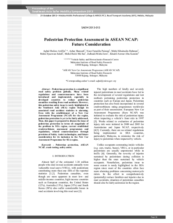 (PDF) Pedestrian Protection Assessment in ASEAN NCAP: Future Consideration