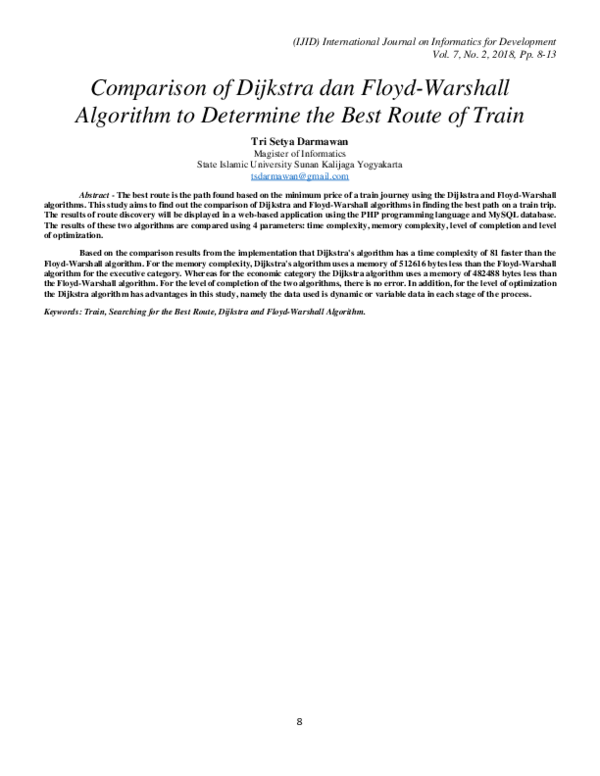 Pdf Comparison Of Dijkstra Dan Floyd Warshall Algorithm To Determine The Best Route Of Train
