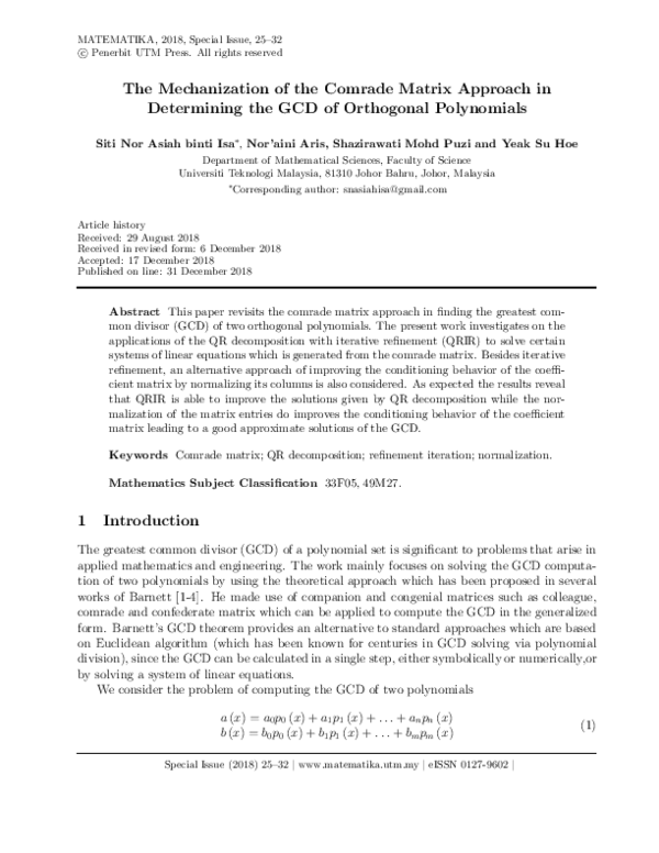 (PDF) The Mechanization of the Comrade Matrix Approach in Determining the GCD of Orthogonal ...
