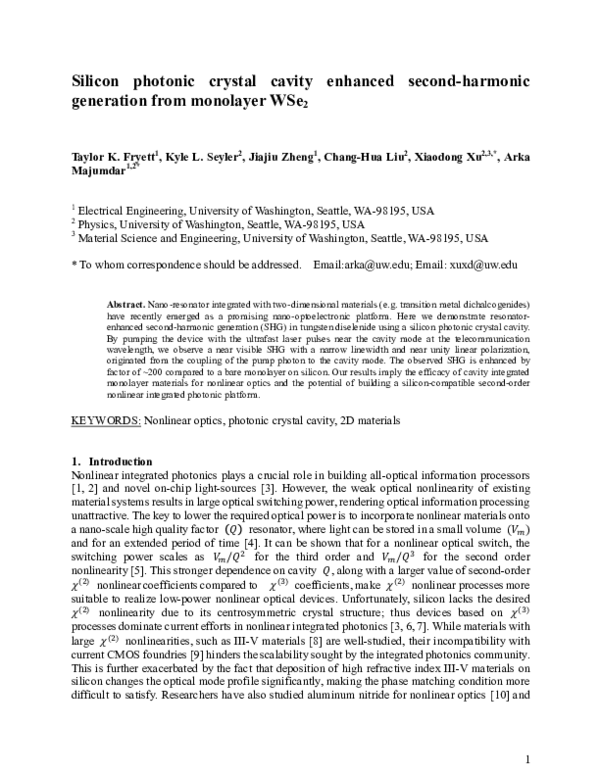 (PDF) Silicon photonic crystal cavity enhanced second-harmonic generation from monolayer WSe2