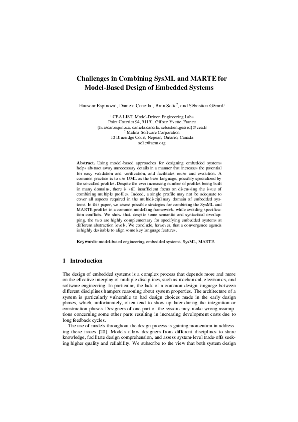 (PDF) Challenges in Combining SysML and MARTE for Model-Based Design of Embedded Systems