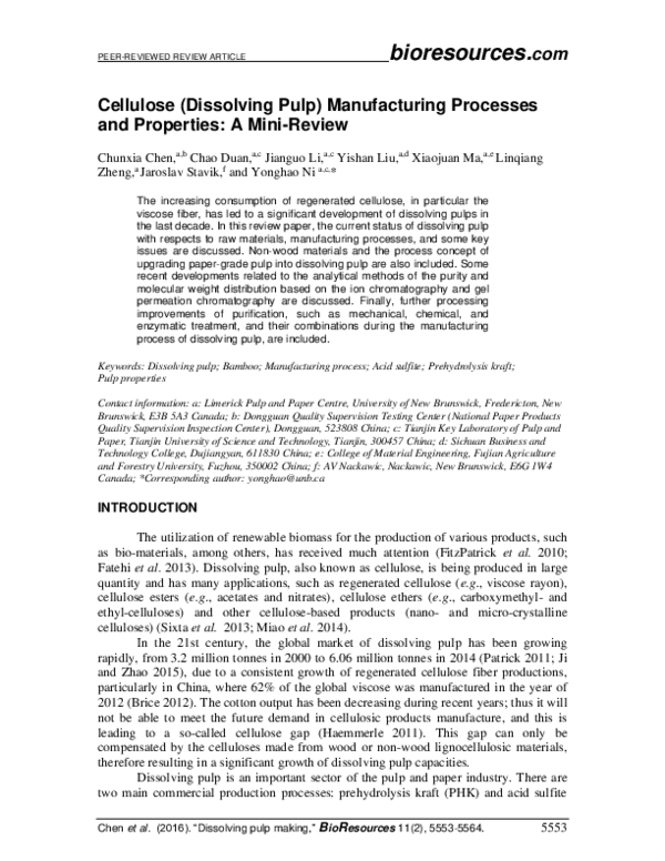 (PDF) Cellulose (dissolving pulp) manufacturing processes and ...
