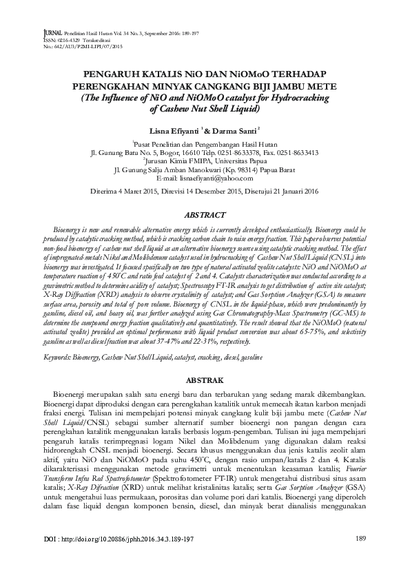 (PDF) PENGARUH KATALIS NiO DAN NiOMoO TERHADAP PERENGKAHAN MINYAK CANGKANG BIJI JAMBU METE