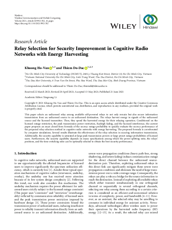 (PDF) Relay Selection for Security Improvement in Cognitive Radio Networks with Energy Harvesting