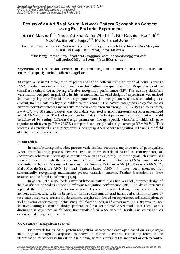 (PDF) Design of an Artificial Neural Network Pattern Recognition Scheme Using Full Factorial ...