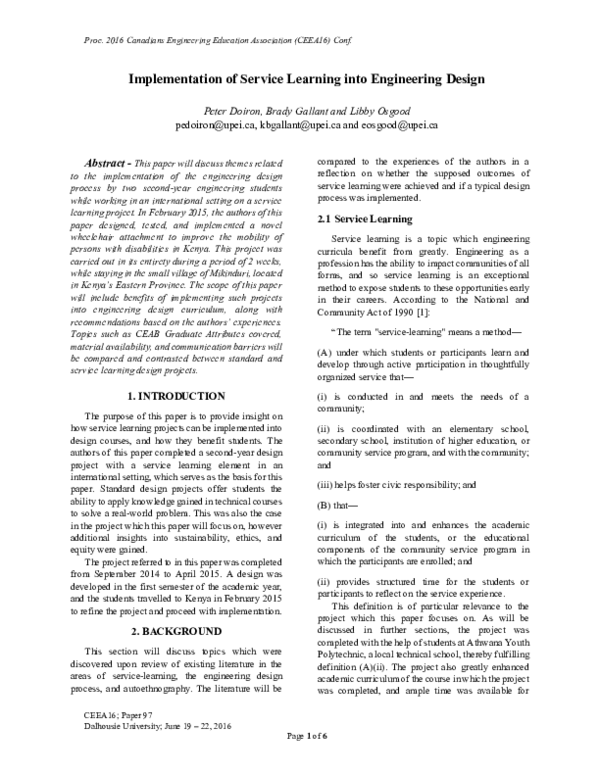 (PDF) Implementation of Service Learning into Engineering Design