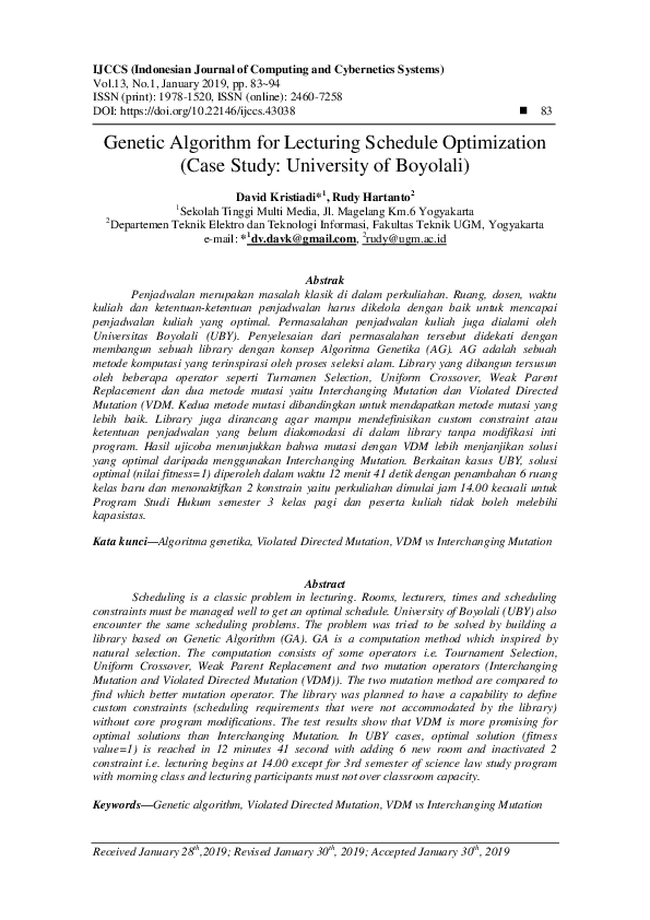 (PDF) Genetic Algorithm for lecturing schedule optimization