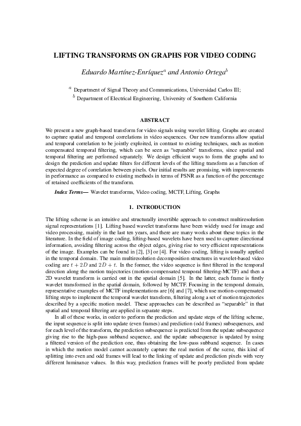 (PDF) Lifting Transforms on Graphs for Video Coding