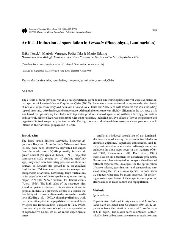 (PDF) Artificial induction of sporulation in Lessonia (Phaeophyta ...