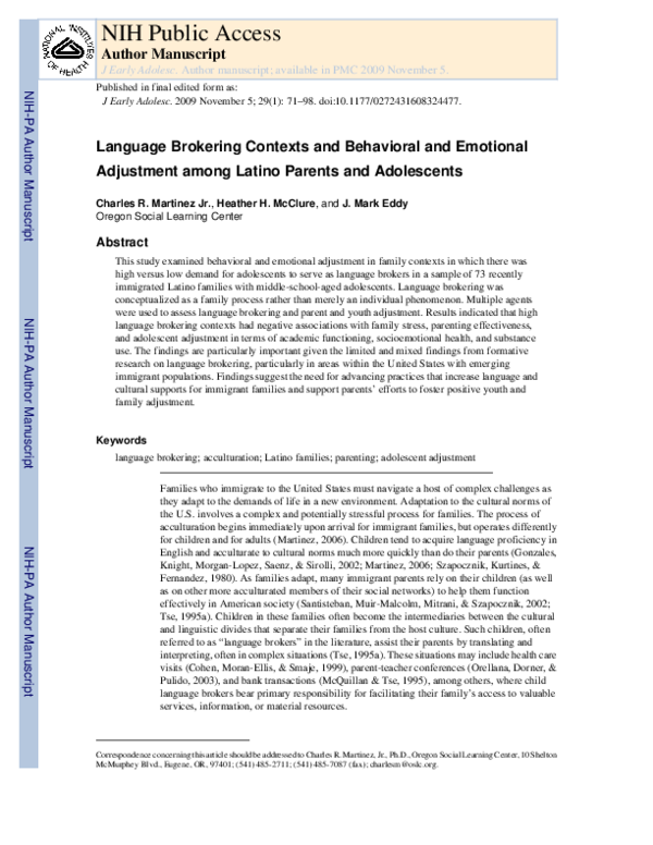 (PDF) Language Brokering Contexts and Behavioral and Emotional ...