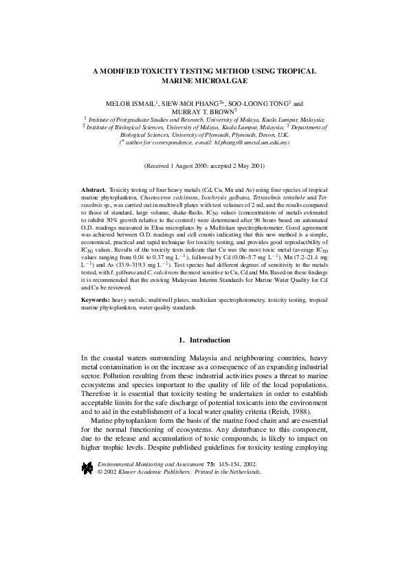 (PDF) A modified toxicity testing method using tropical marine microalgae
