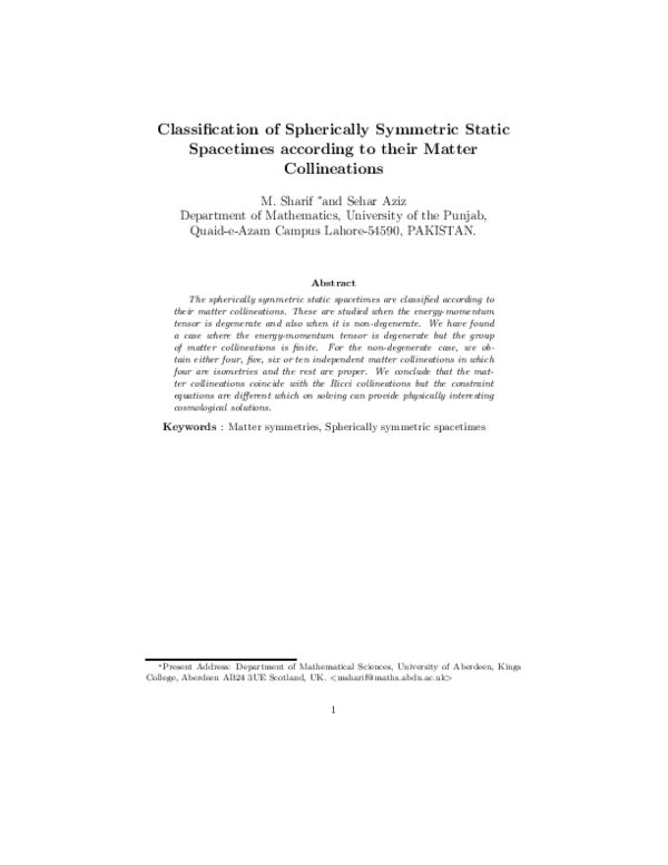 Pdf Classification Of Spherically Symmetric Static Spacetimes