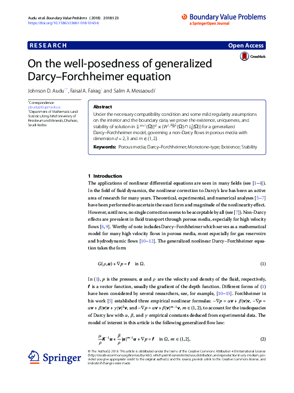 (PDF) On the well-posedness of generalized Darcy–Forchheimer equation