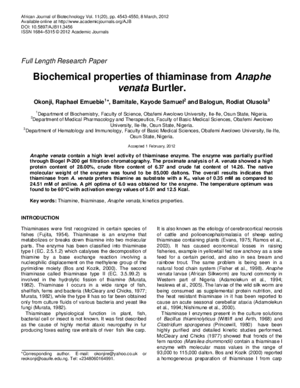 (PDF) Biochemical properties of thiaminase from Anaphe venata Burtler