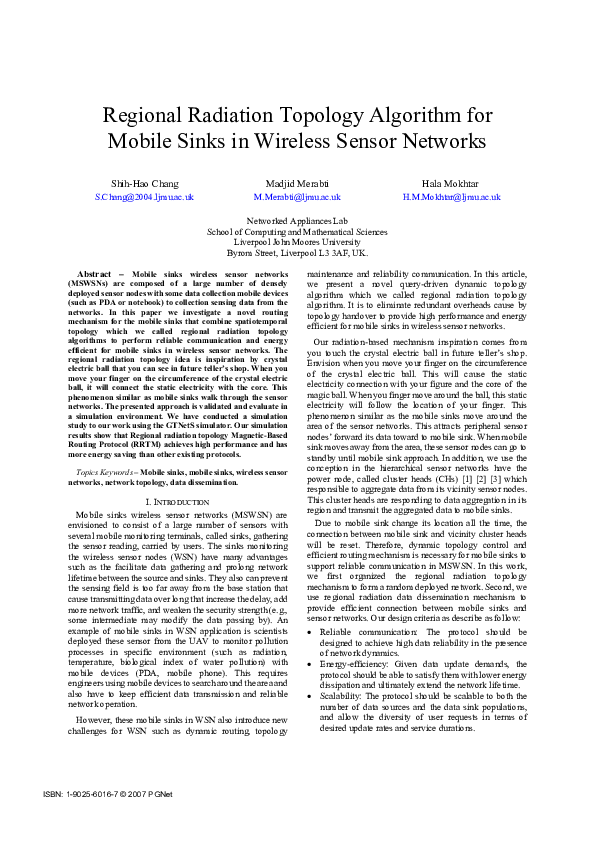 (PDF) Regional Radiation Topology Algorithm for Mobile Sinks in Wireless Sensor Networks