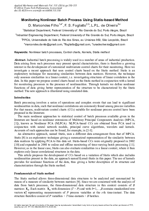 Pdf Monitoring Nonlinear Batch Process Using Statis Based Method Luiz Paulo Luna De Oliveira 