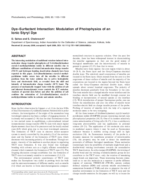 (PDF) Dye-Surfactant Interaction: Modulation of Photophysics of an ...