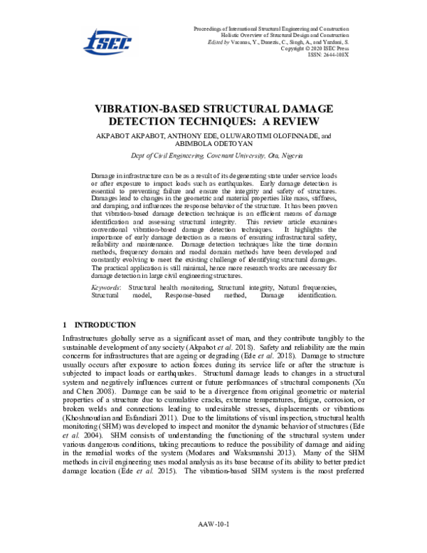 (PDF) Vibration-Based Structural Damage Detection Techniques: A Review (PDF) Vibration-Based Structural Damage Detection Techniques: A Review