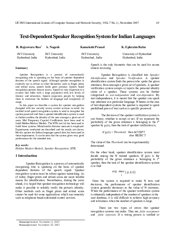 (PDF) Text-Dependent Speaker Recognition System for Indian Languages