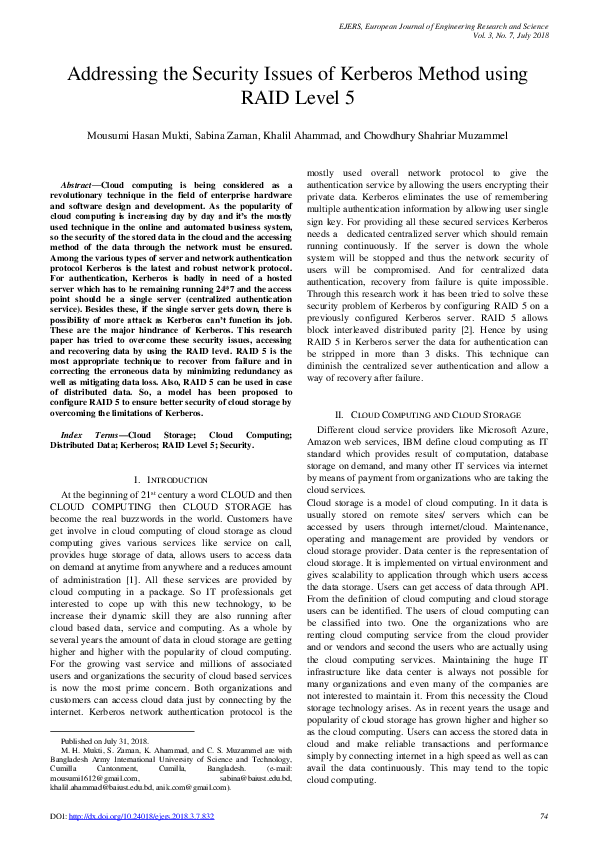(PDF) Addressing the Security Issues of Kerberos Method using RAID Level 5