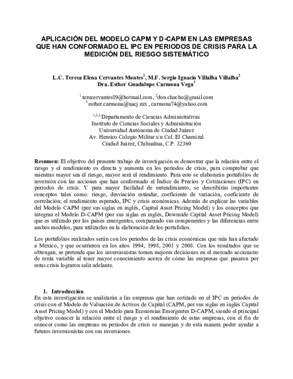 (PDF) Aplicación Del Modelo Capm y D-Capm en Las Empresas Que Han Conformado El Ipc en Periodos ...