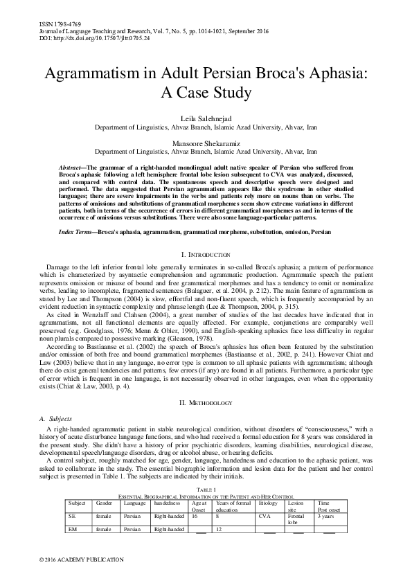 (PDF) Agrammatism in Adult Persian Broca's Aphasia: A Case Study
