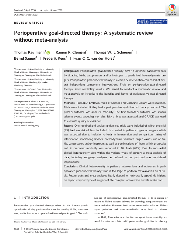 (PDF) Perioperative goal-directed therapy: A systematic review without meta-analysis