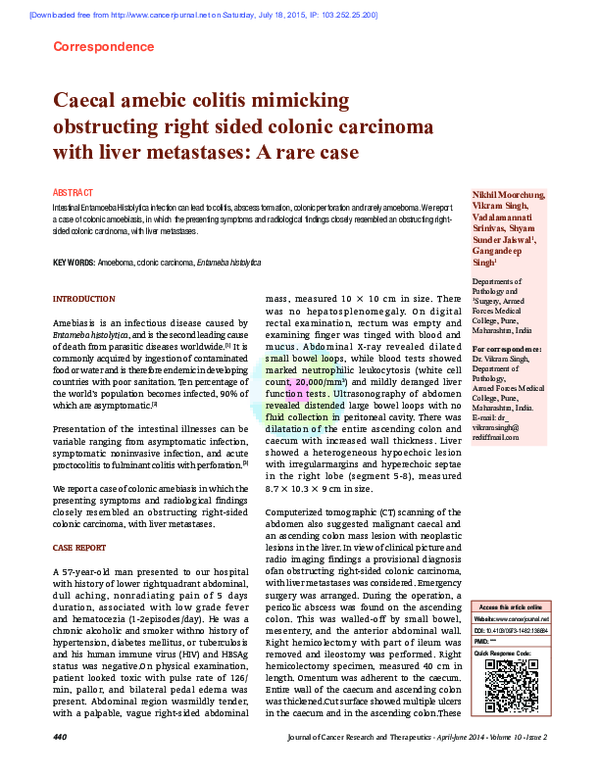 (PDF) Caecal amebic colitis mimicking obstructing right sided colonic ...