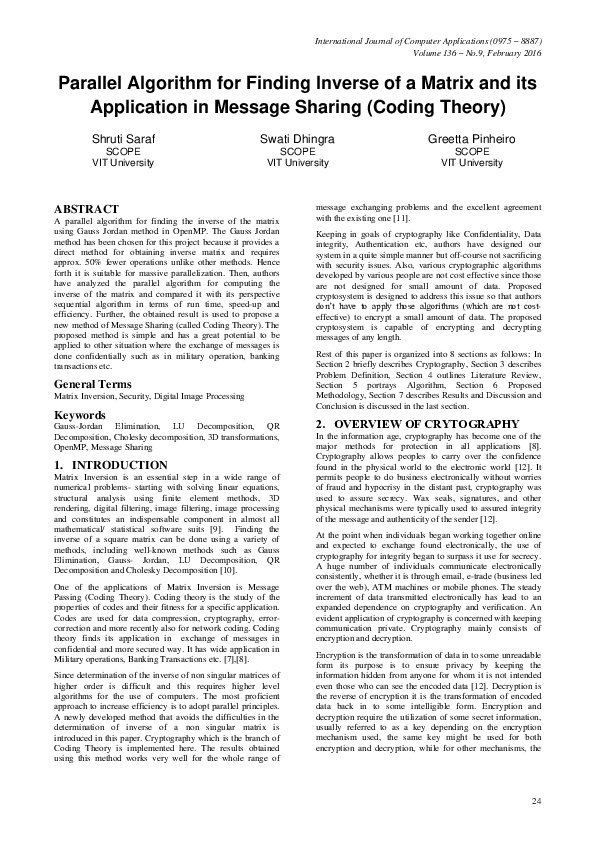 (PDF) Parallel Algorithm for Finding Inverse of a Matrix and its ...