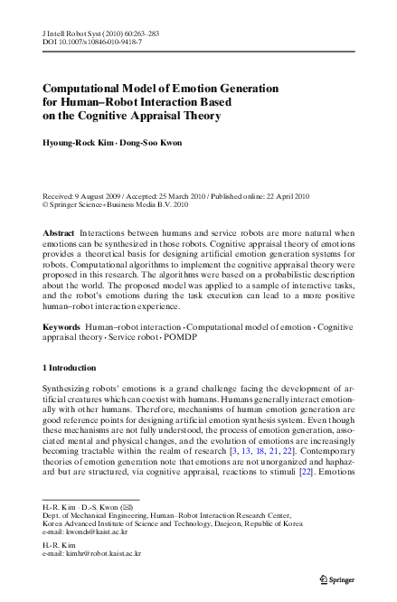 Pdf Computational Model Of Emotion Generation For Human Robot Interaction Based On The