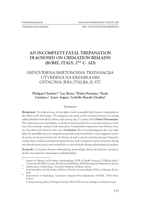 (PDF) Nedovršena Smrtonosna Trepanacija Utvrđena Na Kremiranimostacima ...