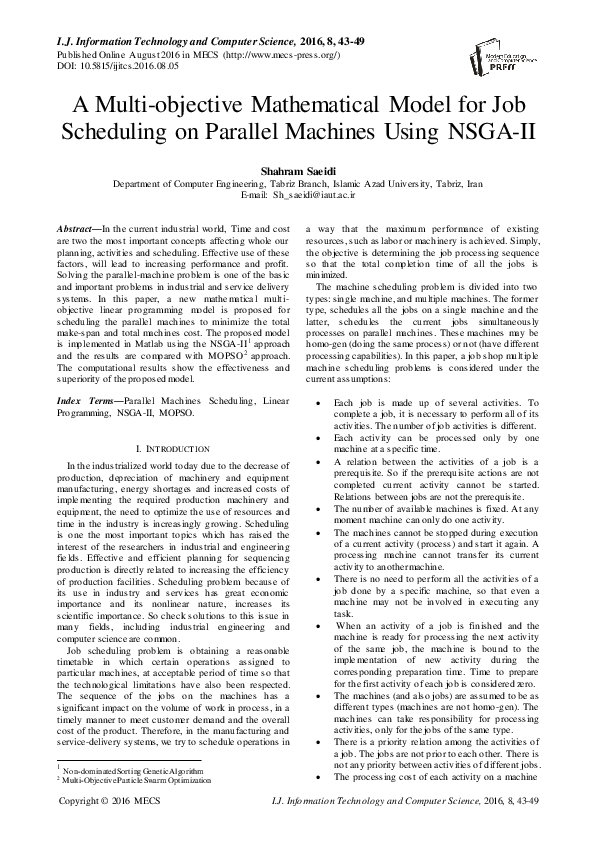 Pdf A Multi Objective Mathematical Model For Job Scheduling On Parallel Machines Using Nsga Ii