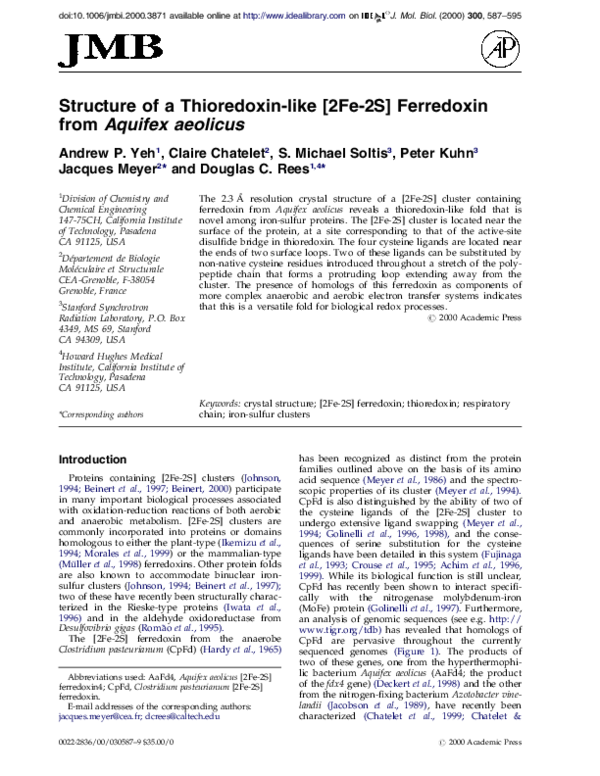 (PDF) Structure of a thioredoxin-like [2Fe-2S] ferredoxin from Aquifex ...