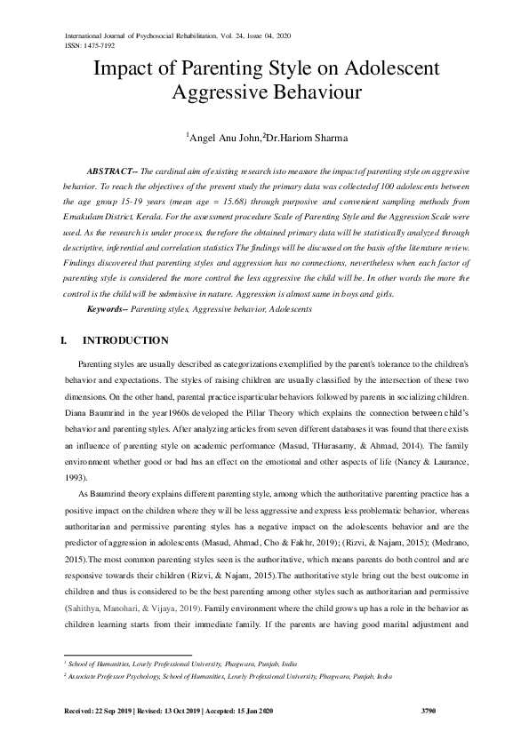 (PDF) Impact of Parenting Style on Adolescent Aggressive Behaviour