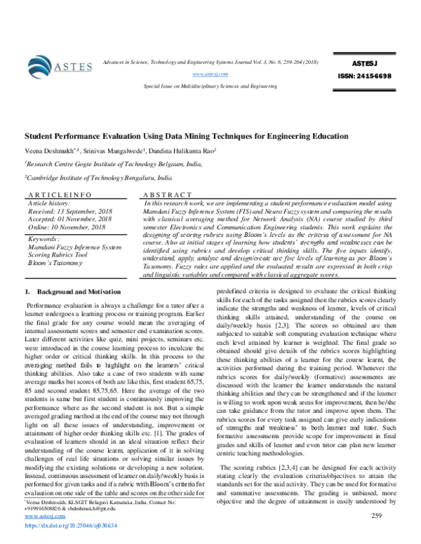 (PDF) Student Performance Evaluation Using Data Mining Techniques for Engineering Education