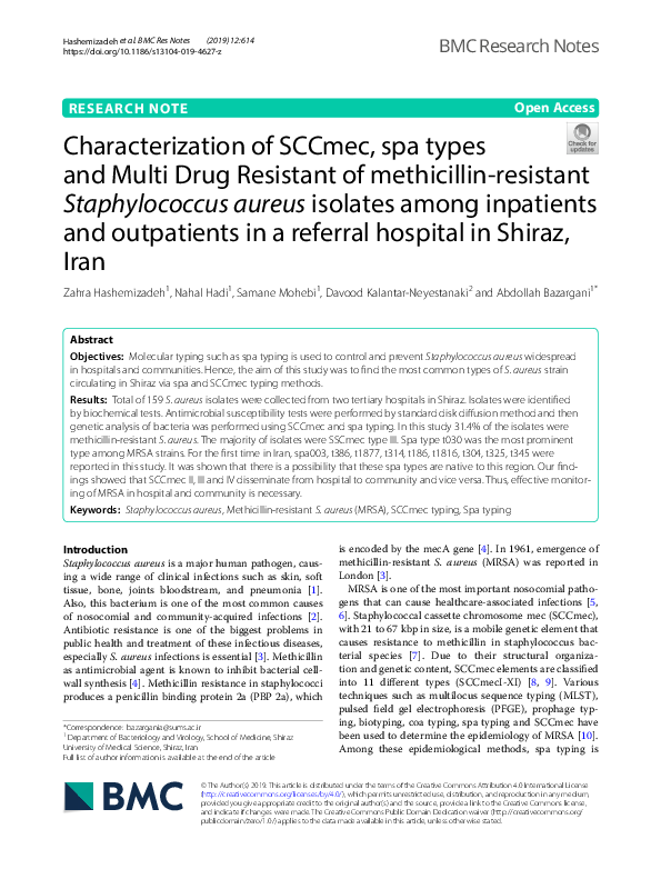 (PDF) Characterization of SCCmec, spa types and Multi Drug Resistant of methicillin-resistant ...